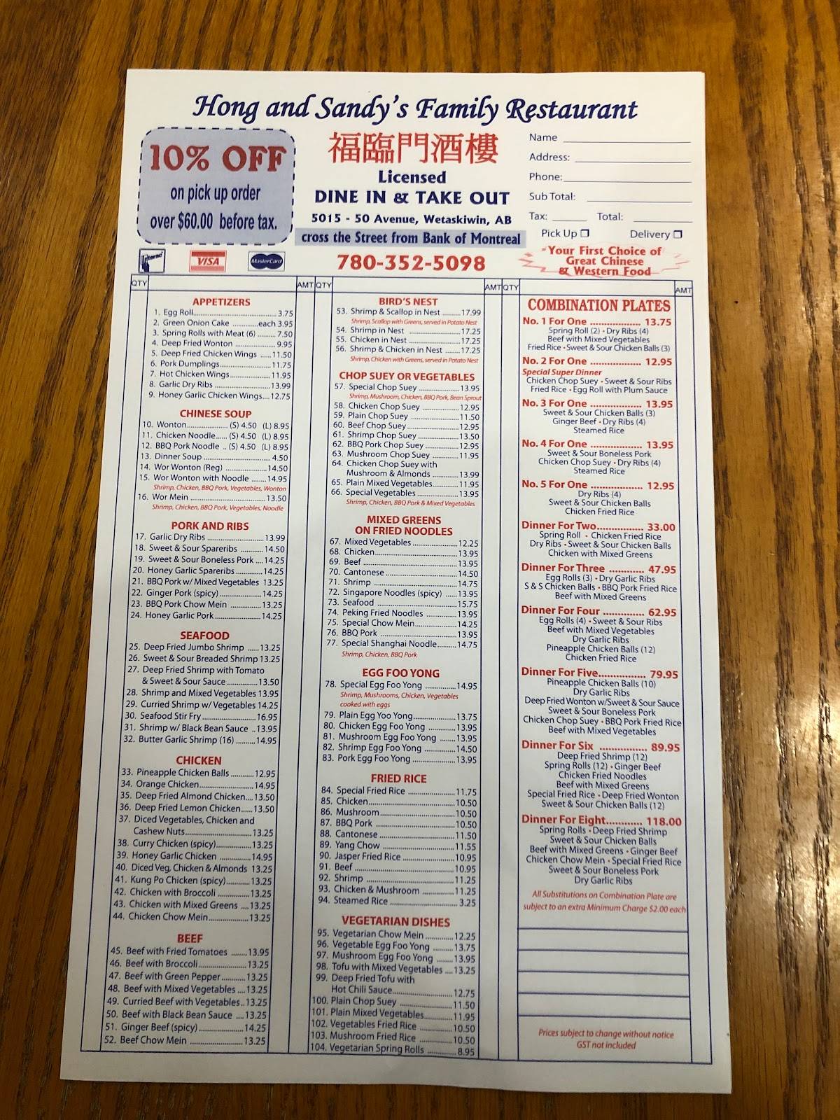 Menu at Hong & Sandy's Family Restaurant, Wetaskiwin