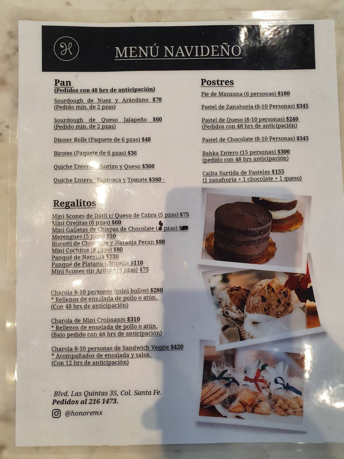 Carta de Honoré Panadería, Hermosillo