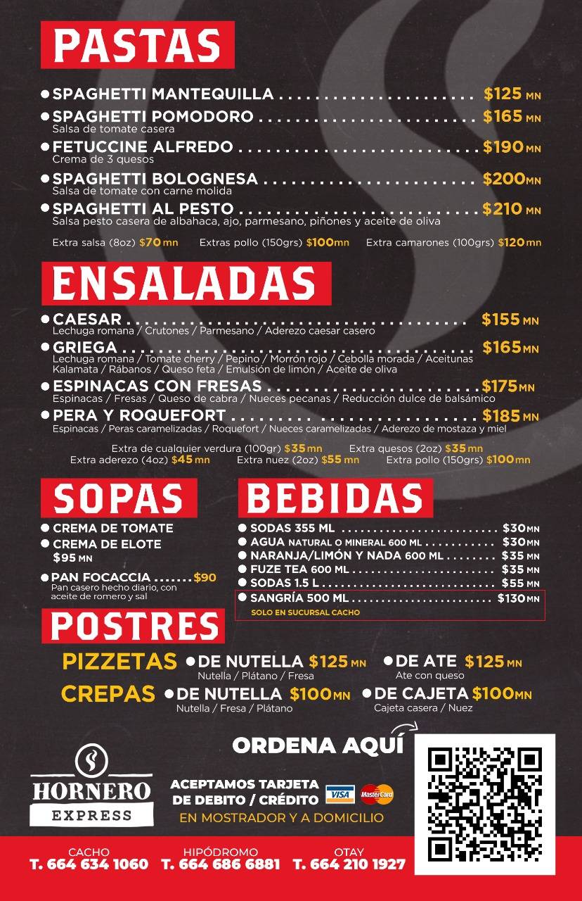 Carta de pizzería Hornero Express - Otay, Tijuana
