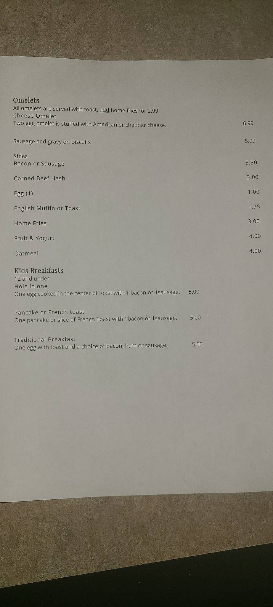 Menu at Hotel Terrace restaurant, Millinocket