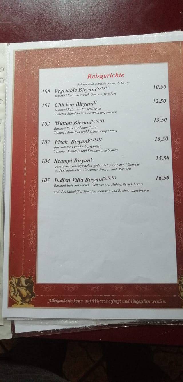 Speisekarte von Indian Villa restaurant, Potsdam