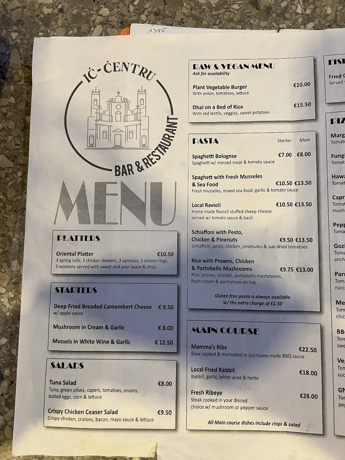Menu at Ic-Centru Bar and Restaurant, Gharb, Triq Frenc ta' l-Gharb