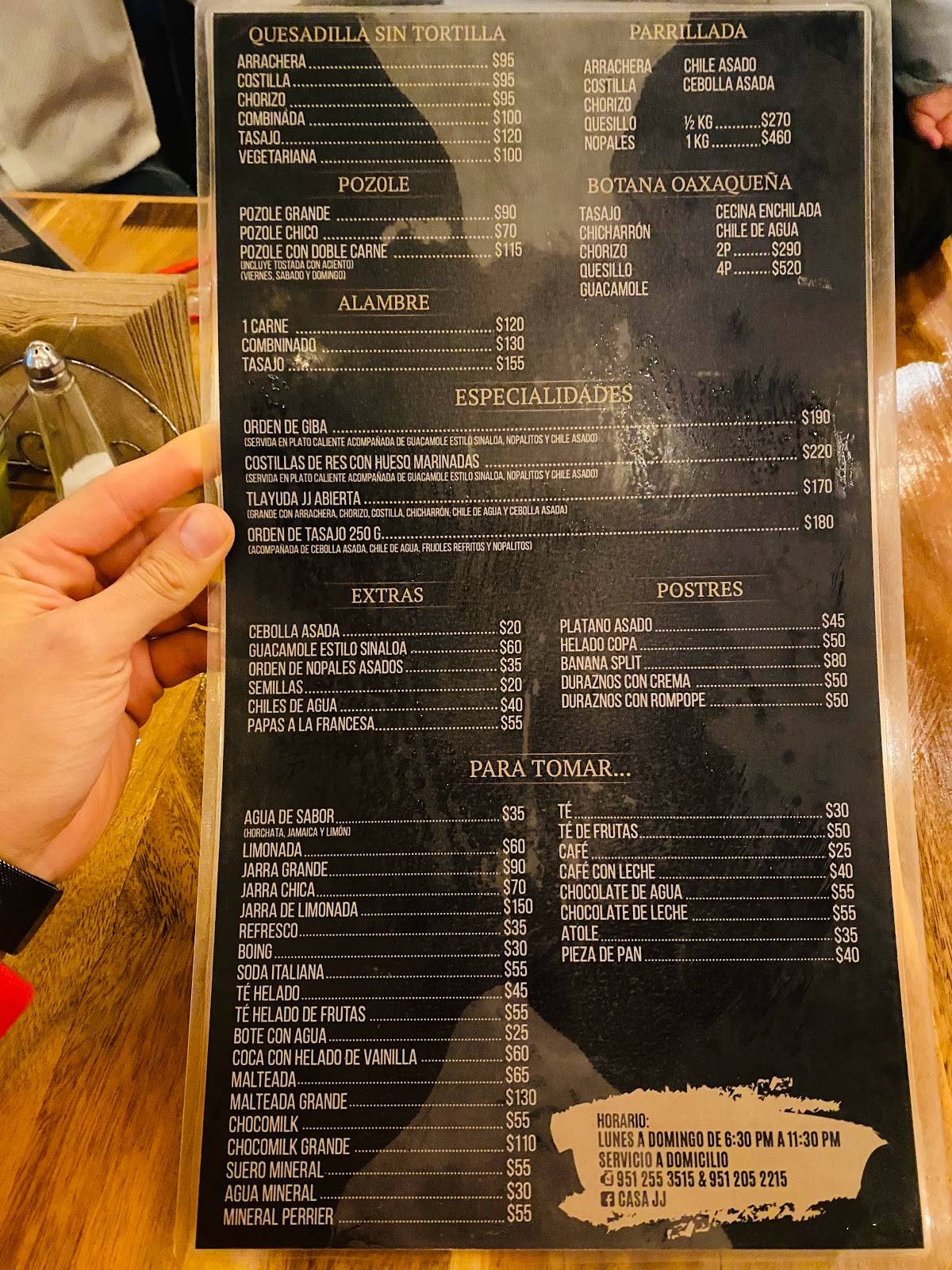 Carta del restaurante Casa JJ Carnes Asadas, Oaxaca