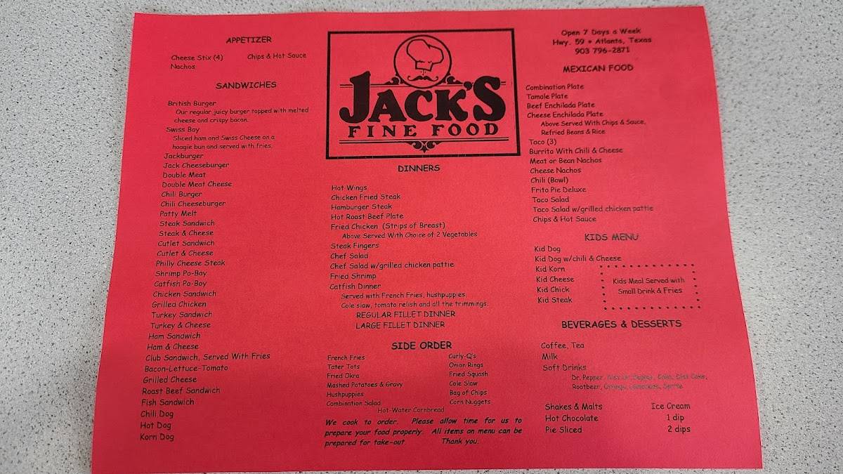 Menu at Jack's Fine Food restaurant, Atlanta
