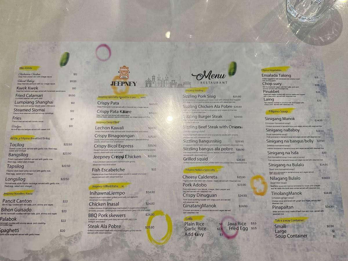 Menu at Jeepney Filipino Restaurant, Auckland, B1/710 Great South Rd
