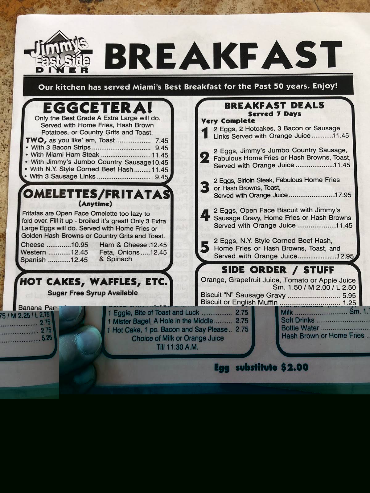 Menu at Jimmy's Eastside Diner restaurant, Miami