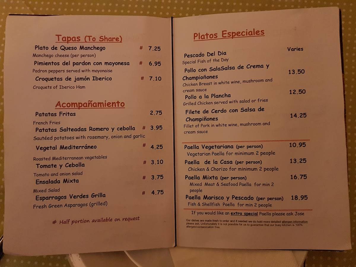 Menu at Jose's Tapas Restaurant, Wakefield