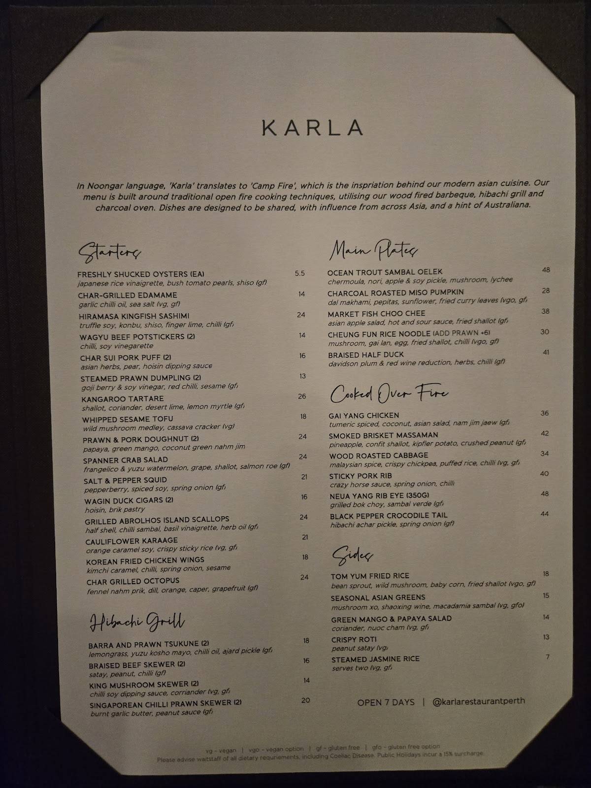 Menu at KARLA restaurant, Perth
