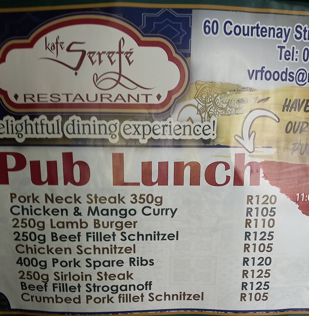 Menu at Kafe Serefe restaurant, George