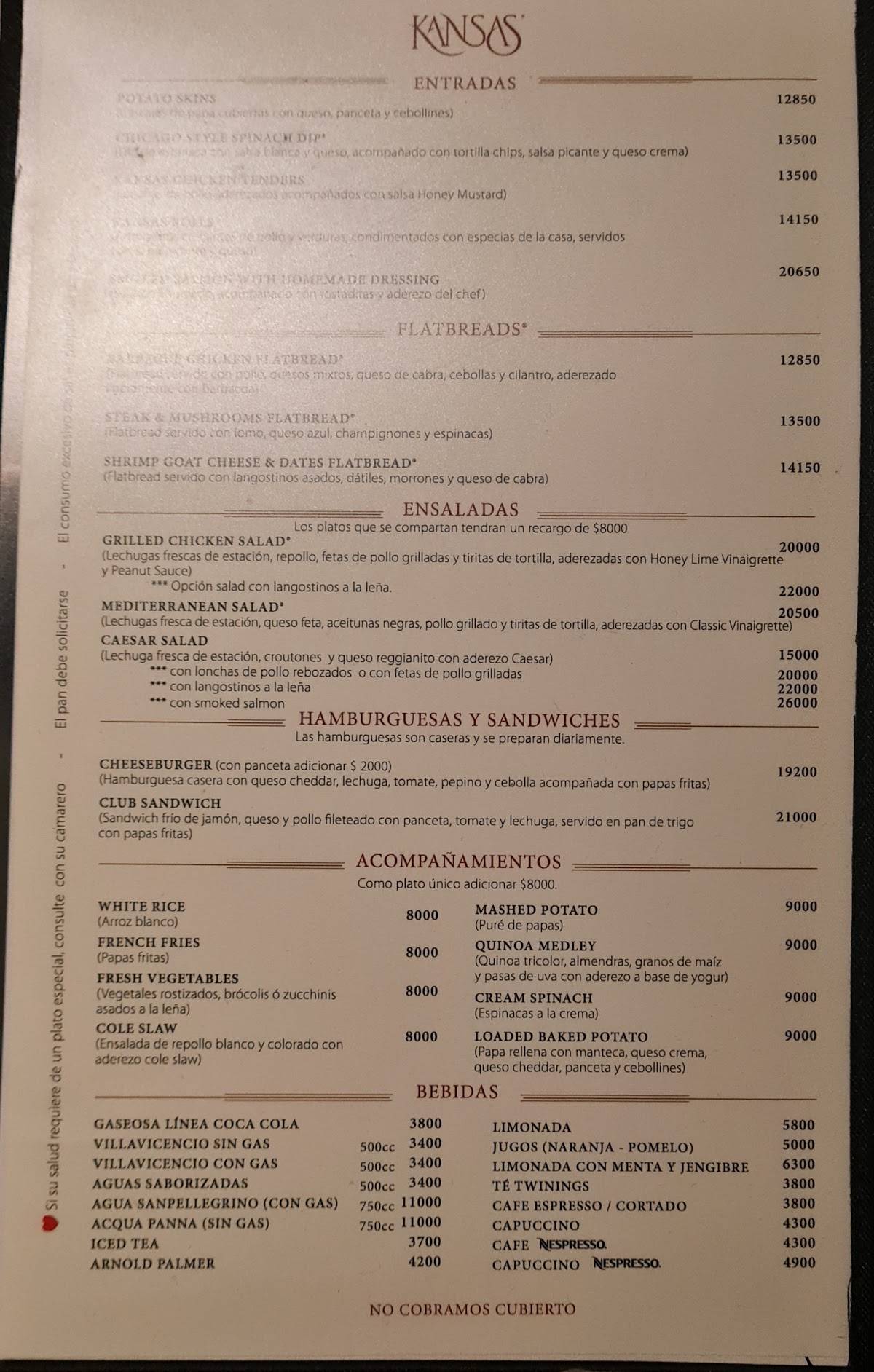 Carta del restaurante Kansas, San Isidro, Av. del Libertador 15089