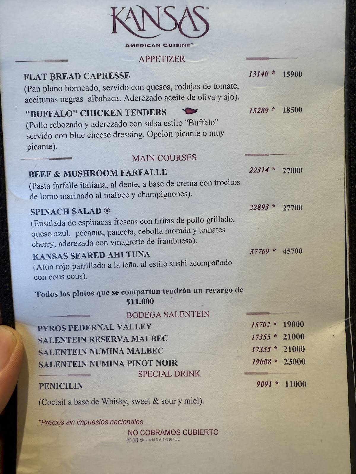 Carta del restaurante Kansas, San Isidro, Av. del Libertador 15089