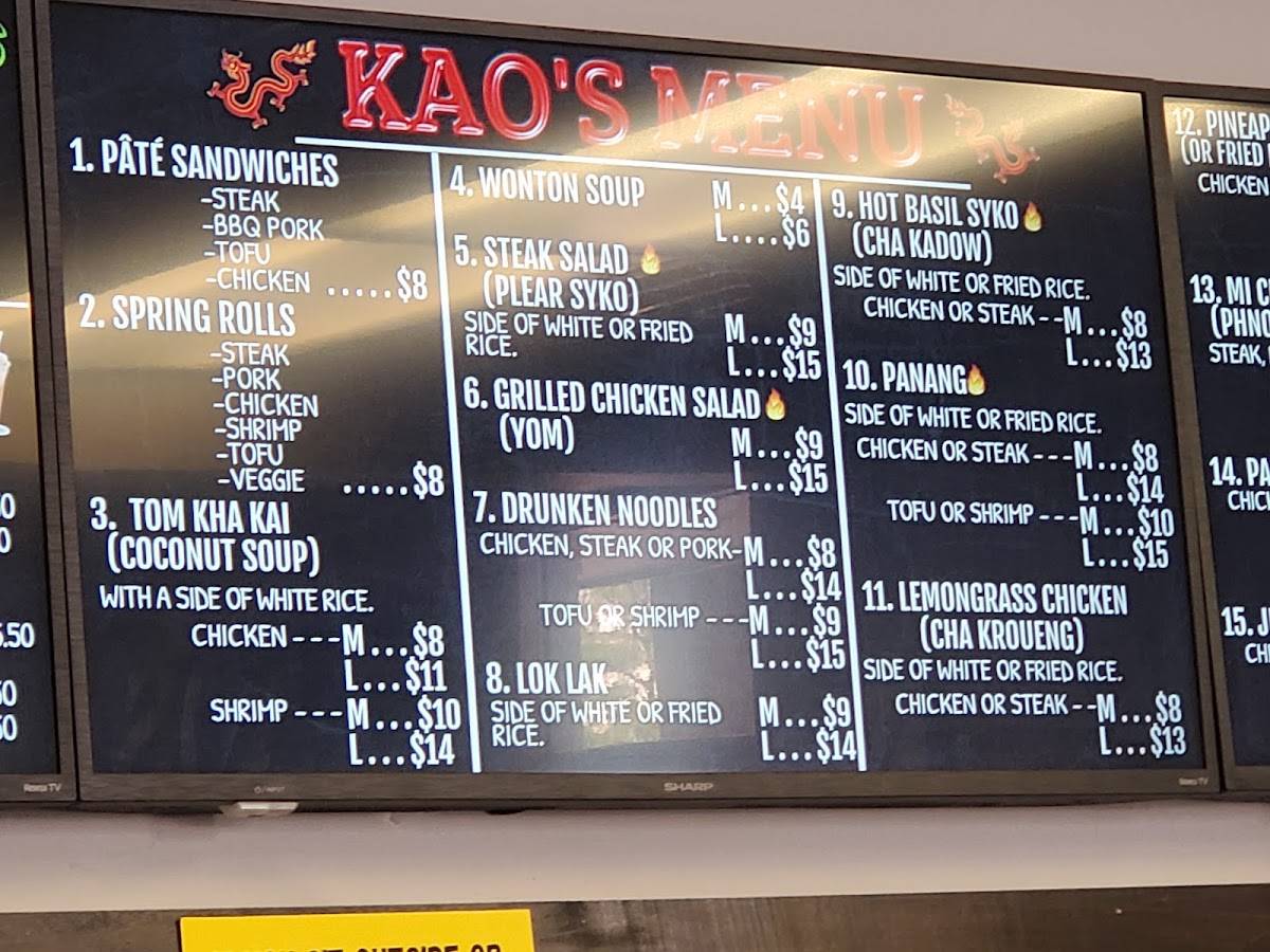 Menu at Kao's restaurant, Elkhart