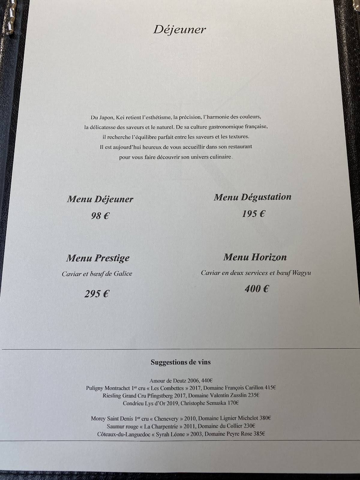 Menu au Restaurant Kei, Paris, 5 Rue Coq Héron