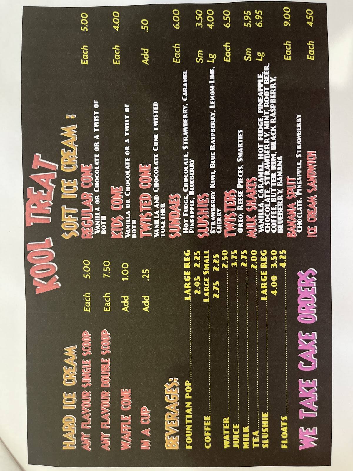 Menu at Kool Treat restaurant, Christina Lake, 1967 Kool Treat Frontage Rd