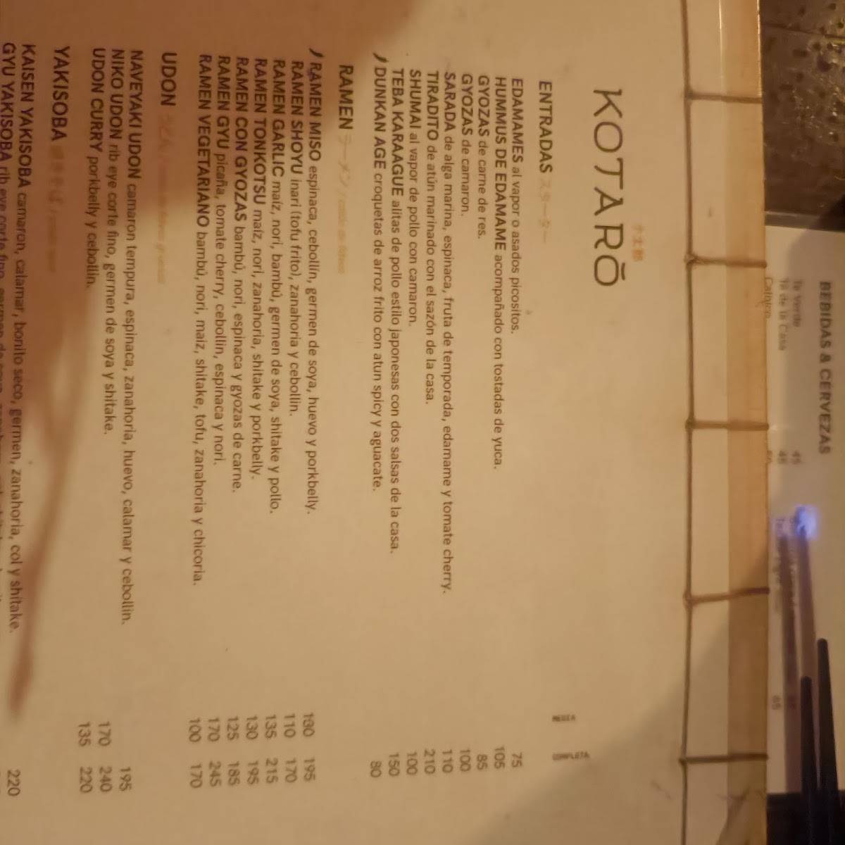 Carta del restaurante Kotaro, Cancún