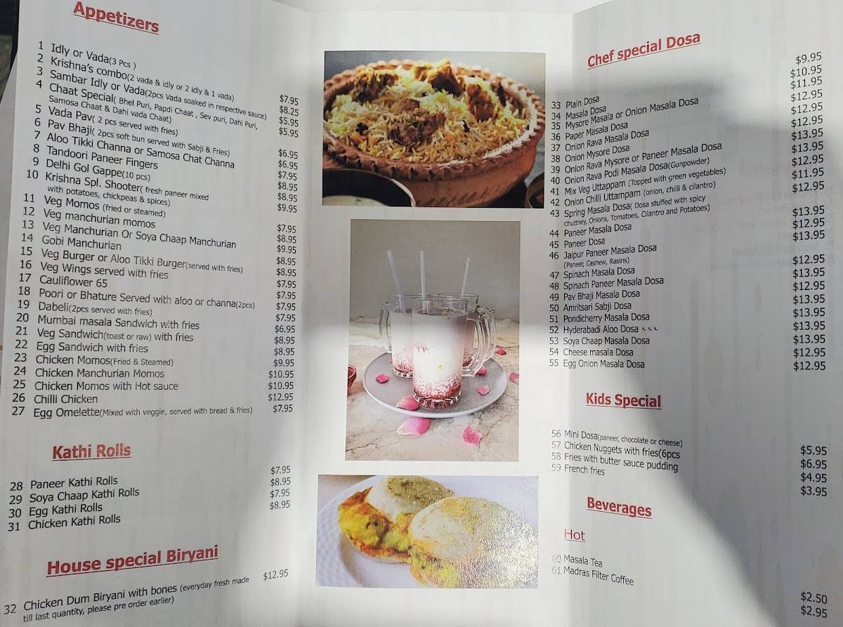 Menu au Krishna's Chaat House restaurant, Surrey