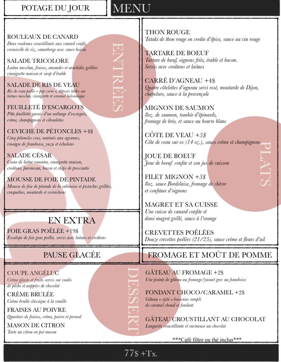 Menu au Restaurant L'Angéluc, Saint-Alexandre-de-Kamouraska