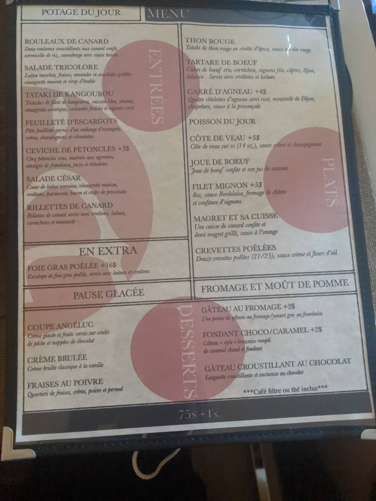 Menu au Restaurant L'Angéluc, Saint-Alexandre-de-Kamouraska