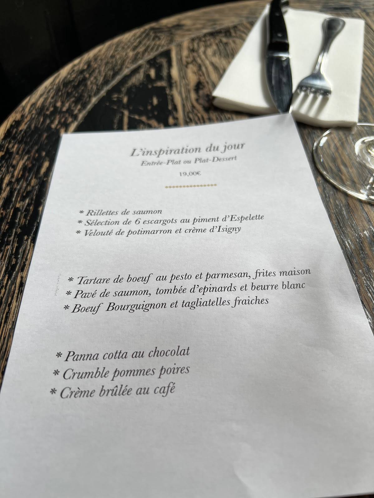 Menu at L'Escargot restaurant, Paris, 38 Rue Montorgueil
