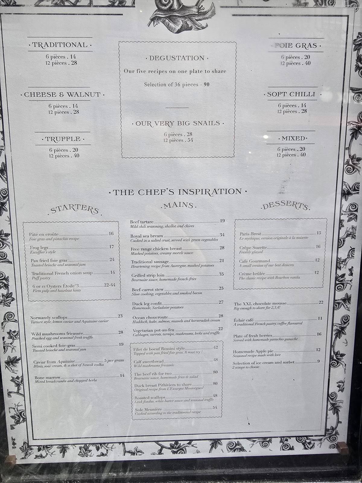 Menu at L'Escargot restaurant, Paris, 38 Rue Montorgueil