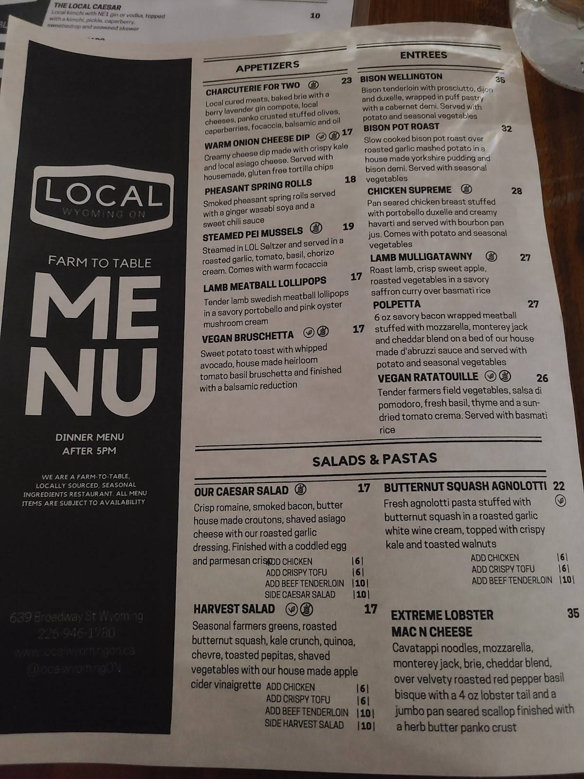 Menu at LOCAL Wyoming ON restaurant, Plympton-Wyoming