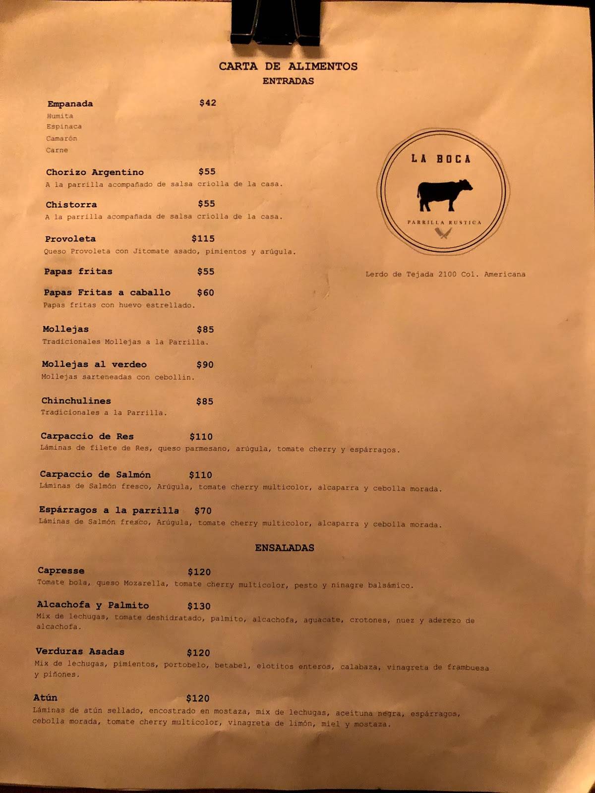 Carta de La Boca Parrilla Rustica, Guadalajara