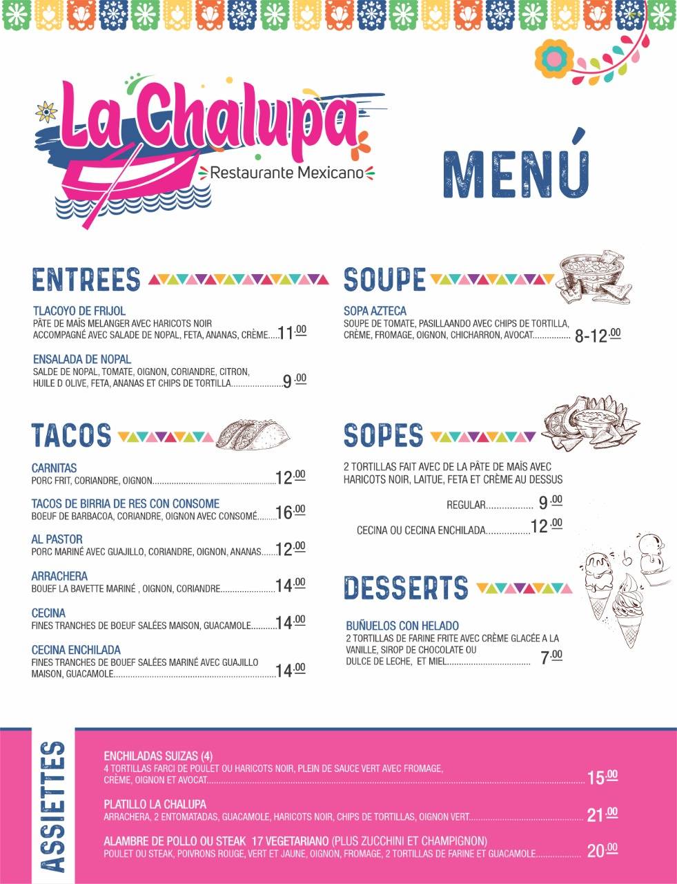 Menu at La Chalupa "Mexicain Restaurant", Montréal