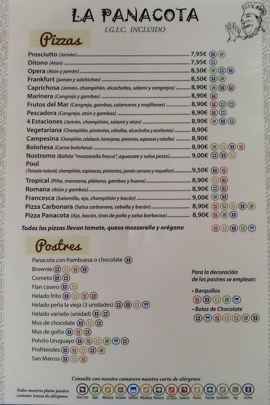 Carta de Restaurante La Panacota, Telde