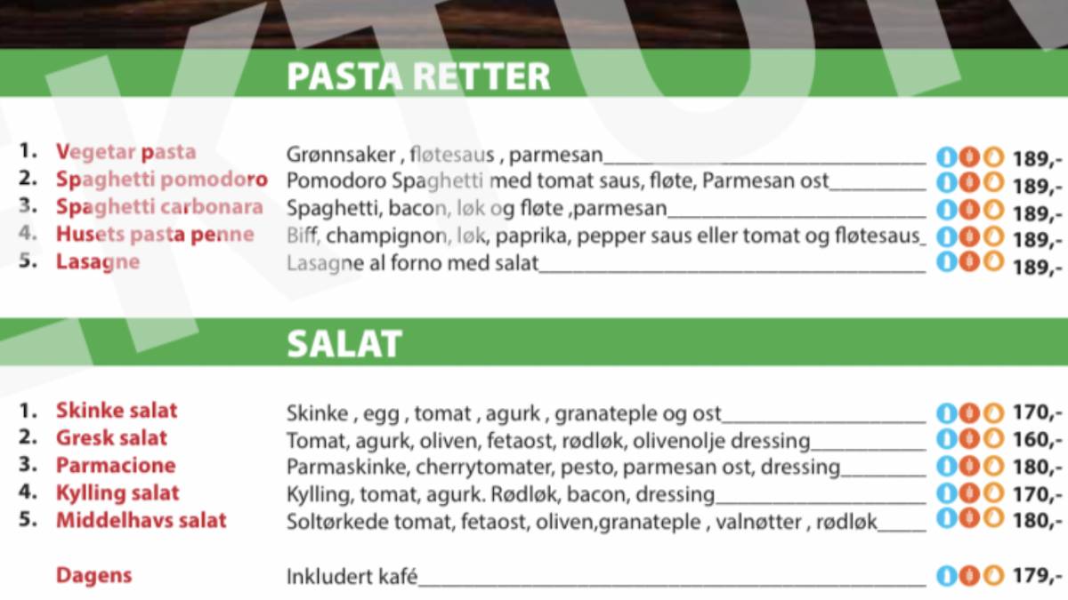 Menu at La Porta restaurant, Norway