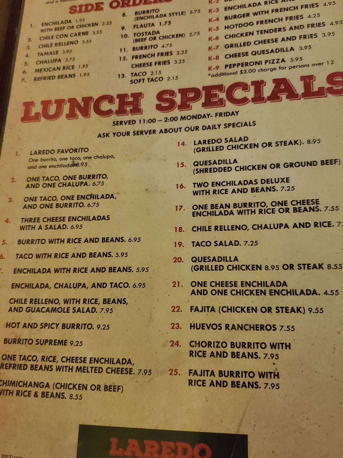 Menu at Laredo Mexican Restaurant, Starke