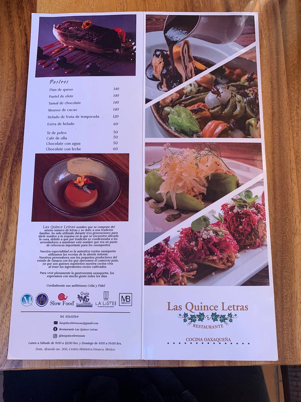Carta de Las Quince Letras Restaurante, Oaxaca, C. de Mariano Abasolo 300