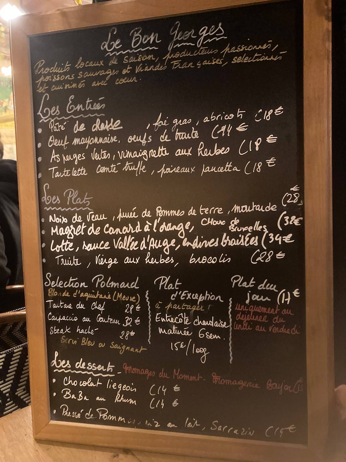 Menu at Le Bon Georges restaurant, Paris, 45 Rue Saint-Georges