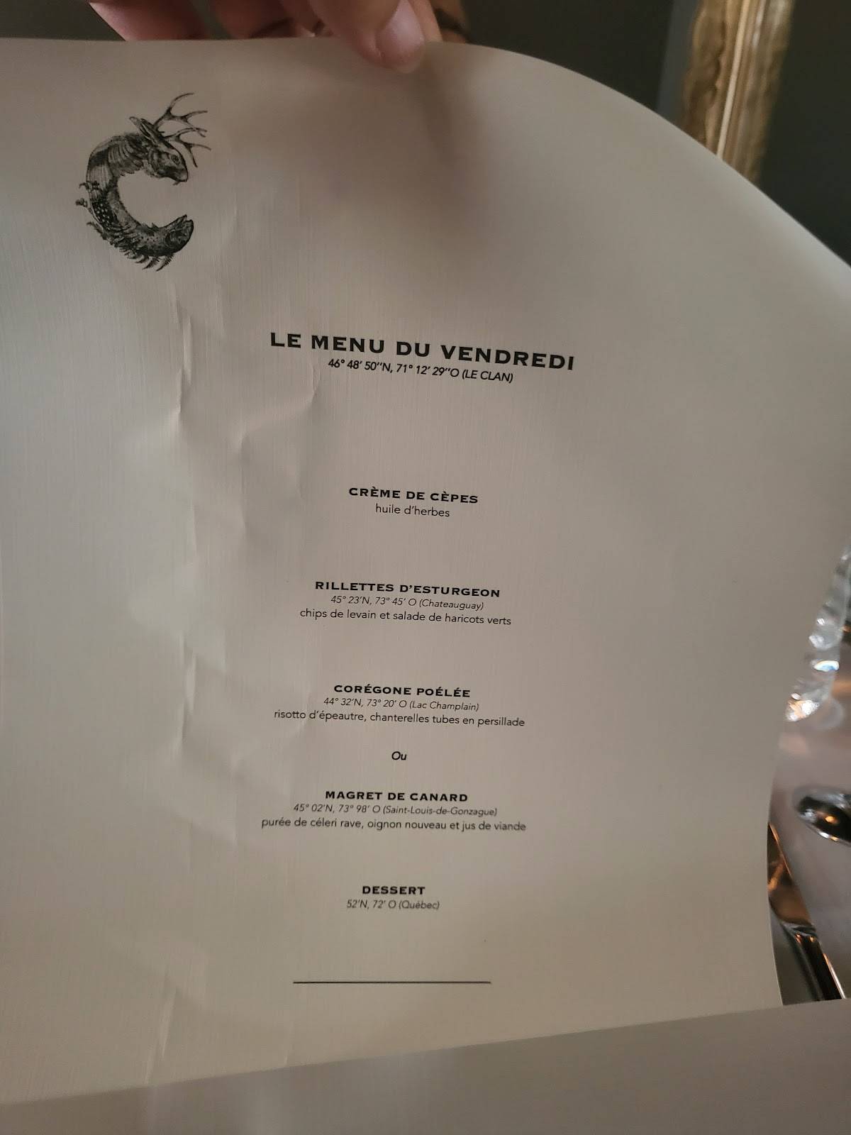 Menu au Restaurant Le Clan, Québec