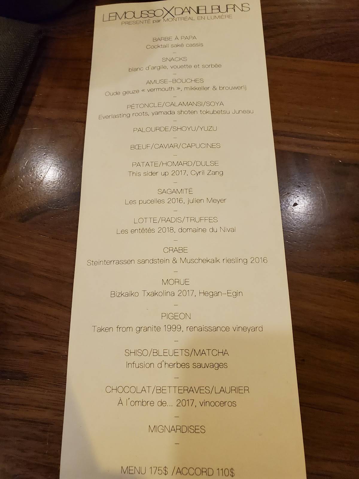 Menu at Le Mousso restaurant, Montréal, Ontario St E