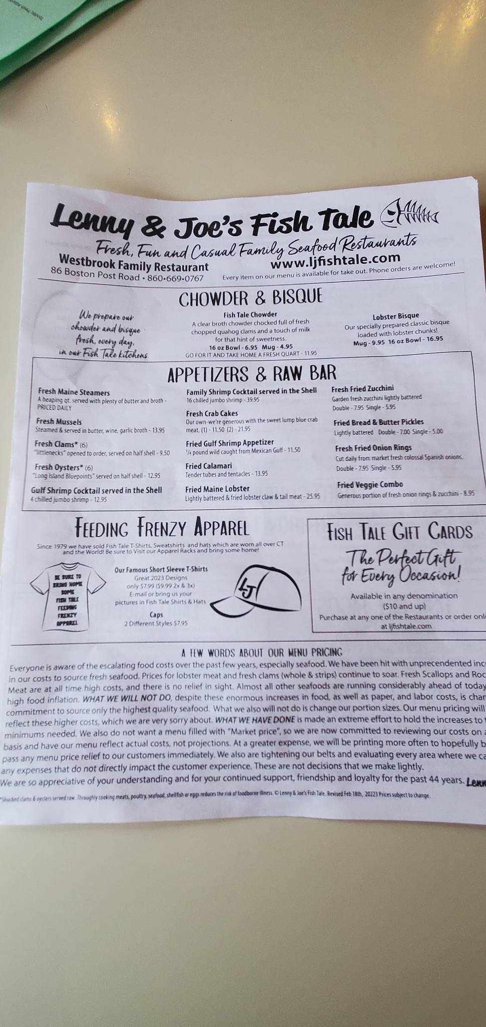 Menu at Lenny & Joe's restaurant, Westbrook, 86 Boston Post Rd