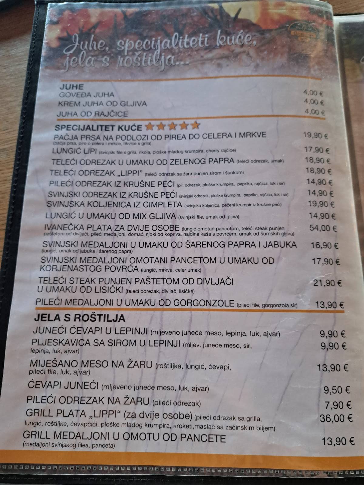 Menu da Lipi ristorante, Ivanec