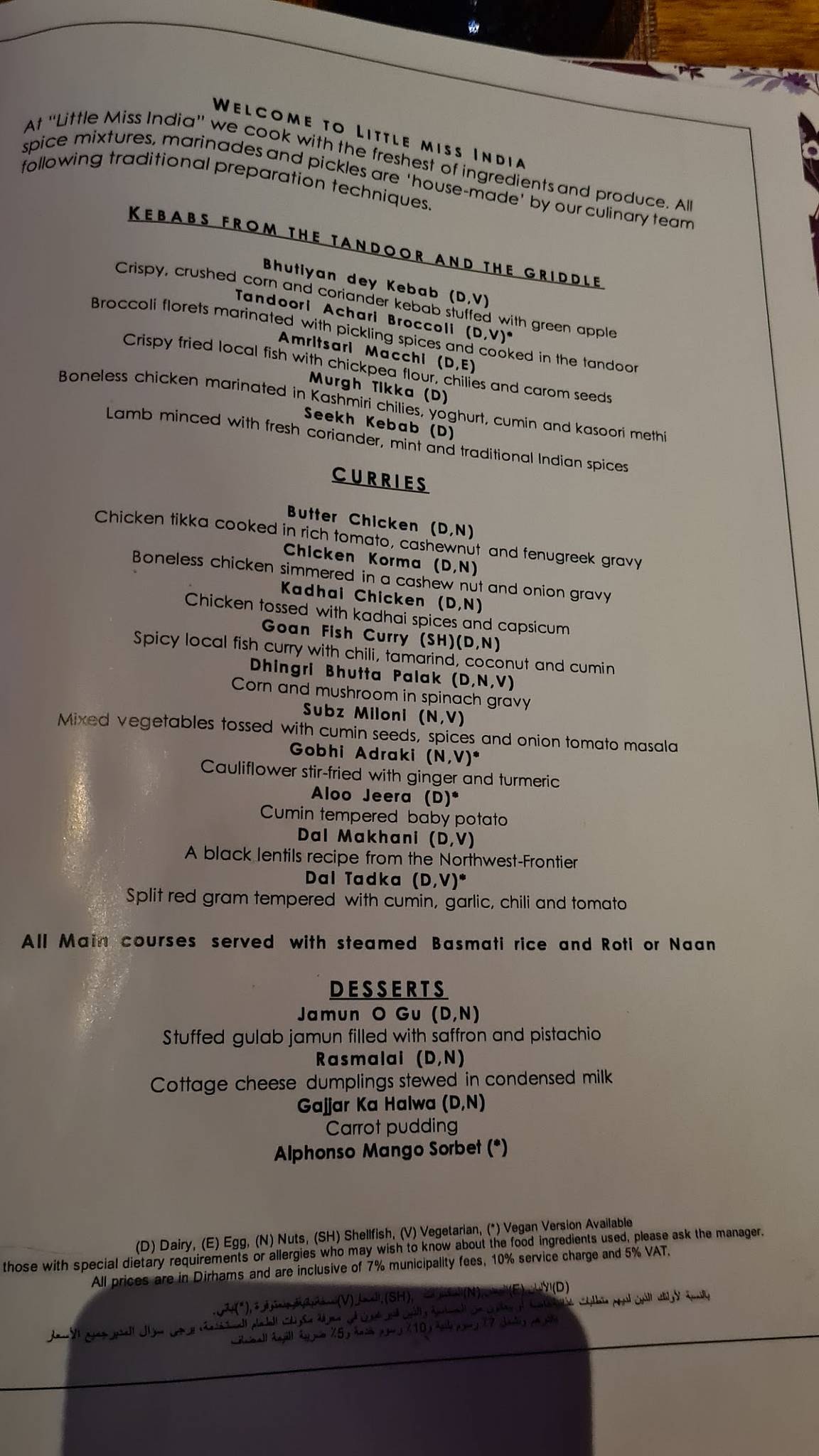 Menu at Little Miss India restaurant, Dubai, Palm Jumeirah