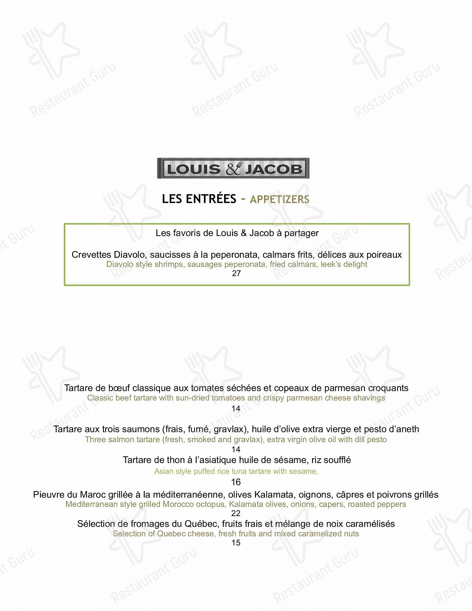 Menu au Restaurant Louis & Jacob, Laval