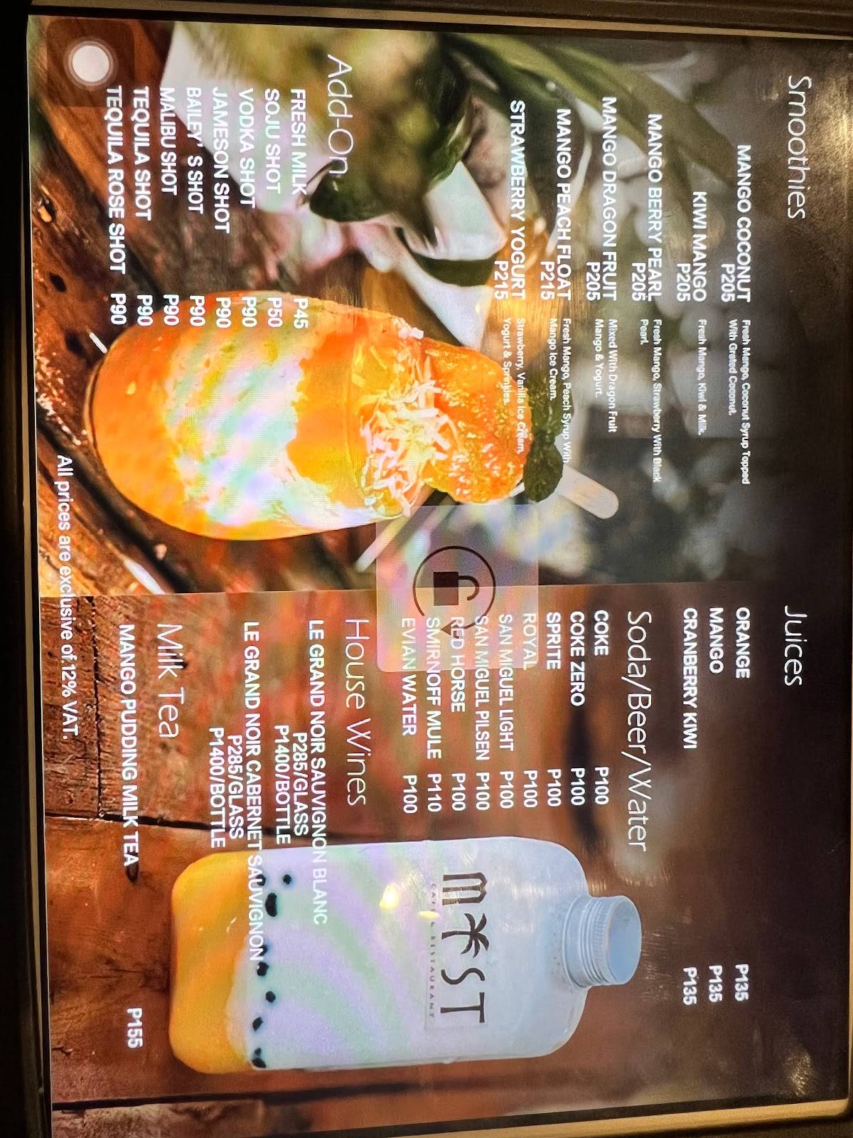 Menu at MIST restaurant, Panglao, Anos Fonacier Circumferential Rd