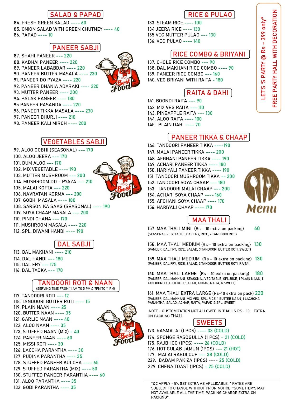Menu at Maa Restaurant & Sweets (Pure Vegetarian) - Biggest Family ...