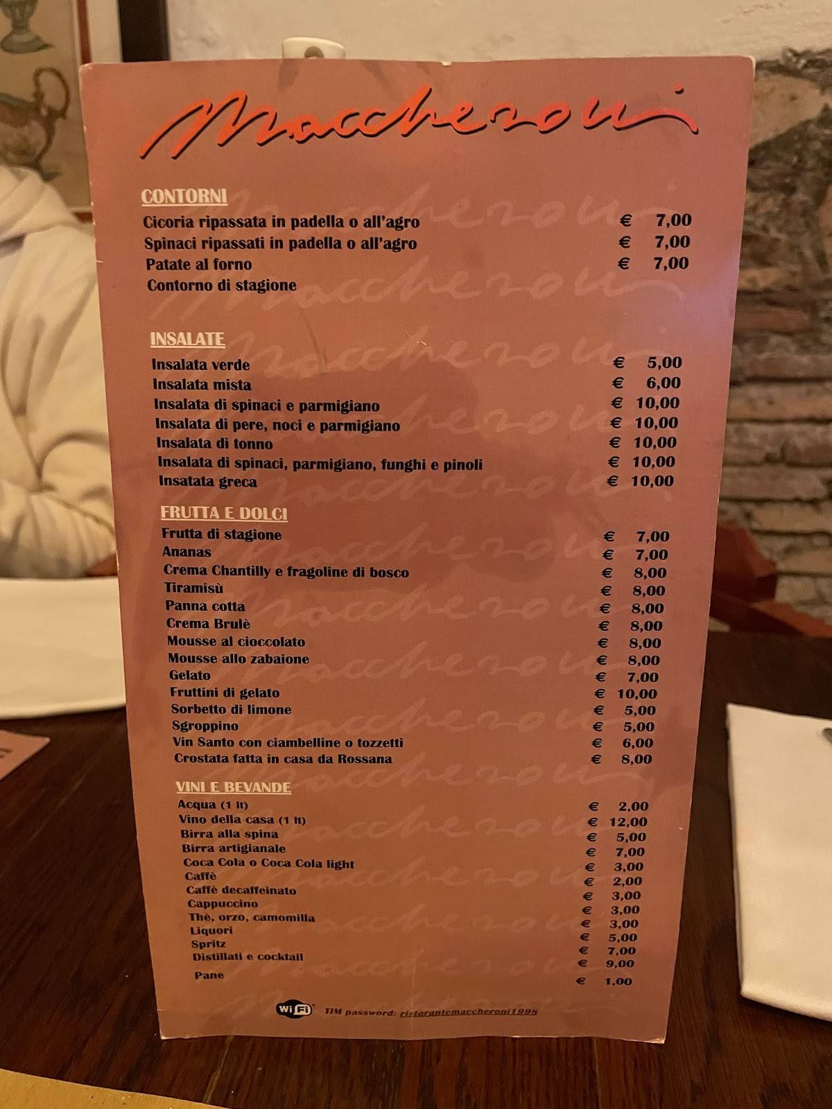 Menu at Maccheroni restaurant, Rome, Piazza delle Coppelle