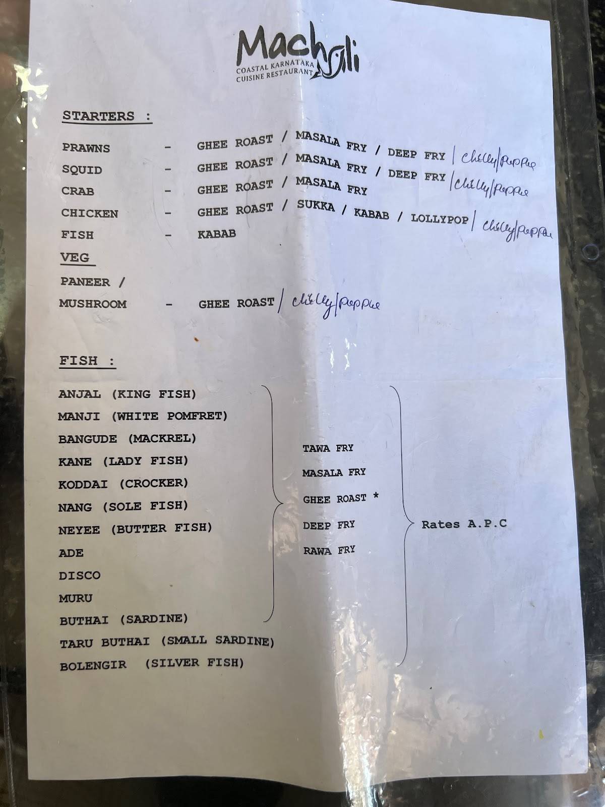 Menu at Machali, Mangaluru