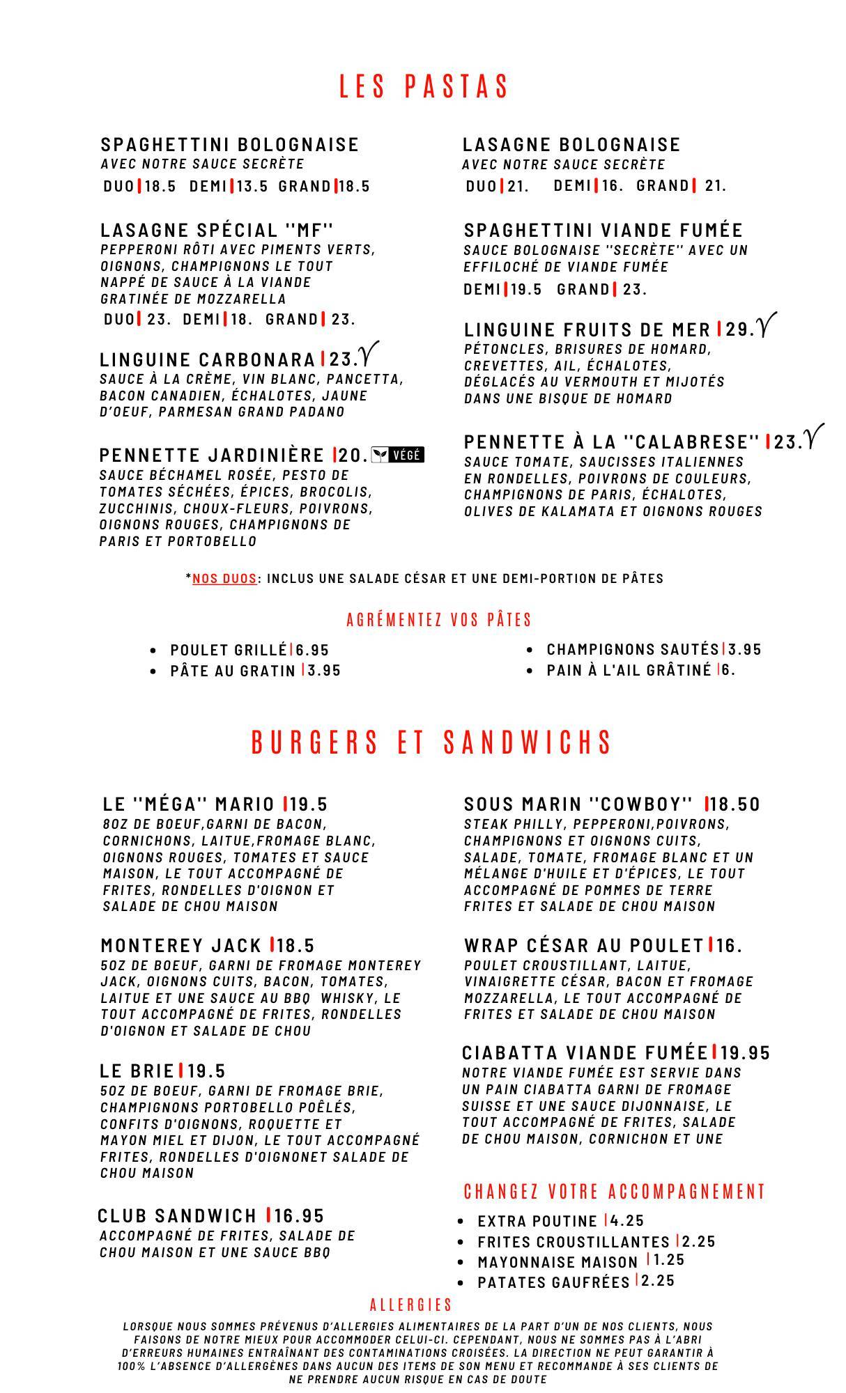 Menu au Maman Fournier Restaurant | Pub, Trois-Rivières, Bd des Récollets