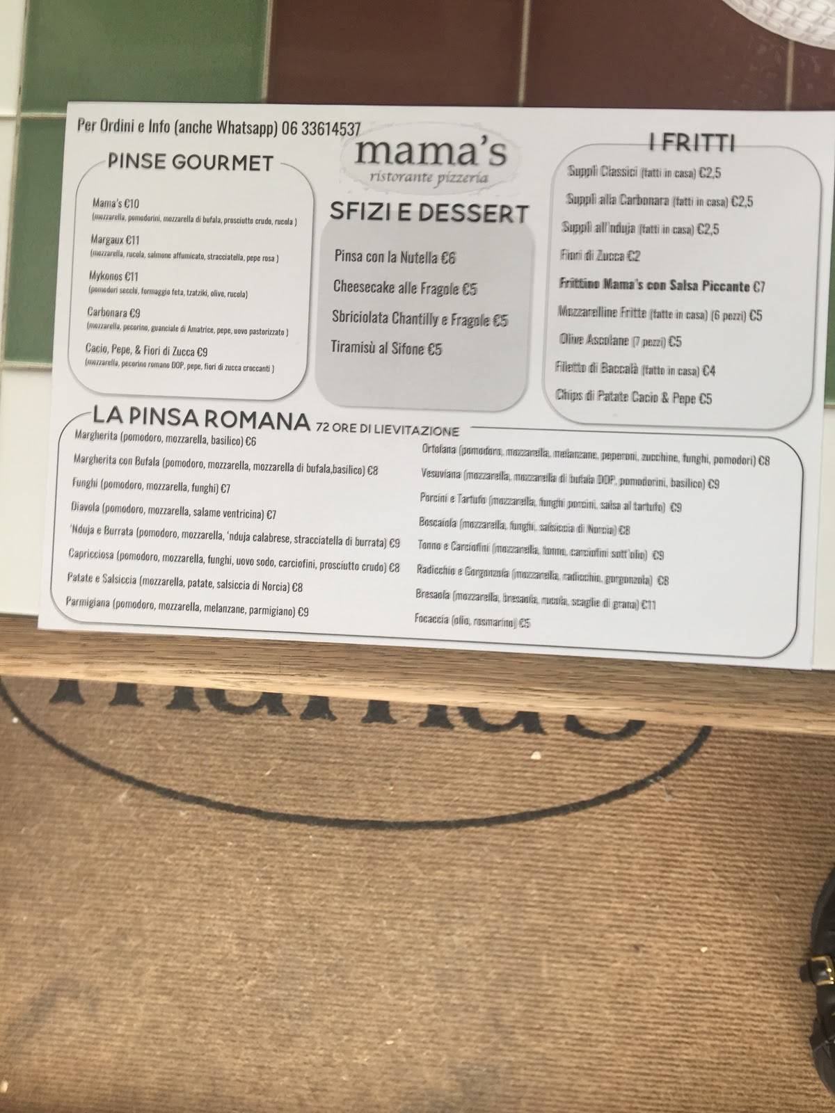 Menu at Mama's Ristorante Pizzeria, Rome, Via Bellagio