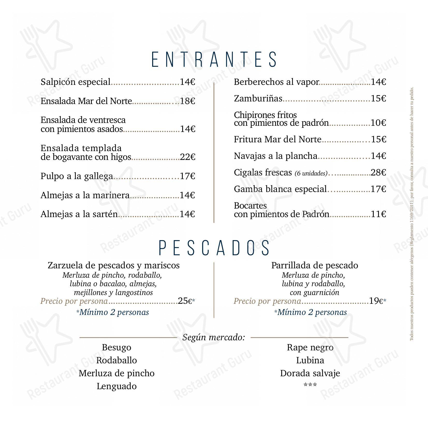 Carta de Restaurante Mar del Norte, Burgos