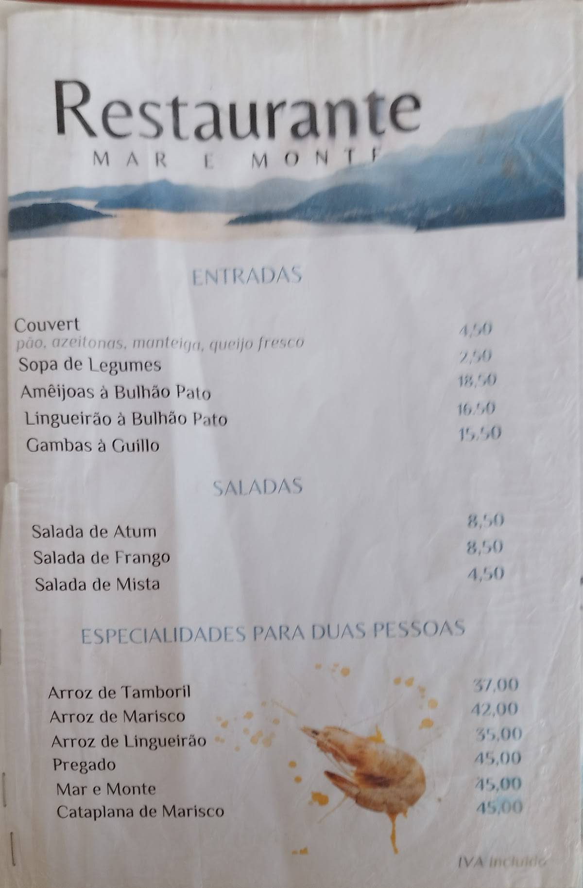Menu em Mar e Monte restaurante, Altura