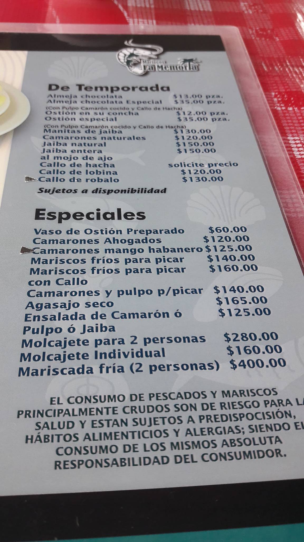 Menu at Mariscos La Memoria restaurant, Los Mochis