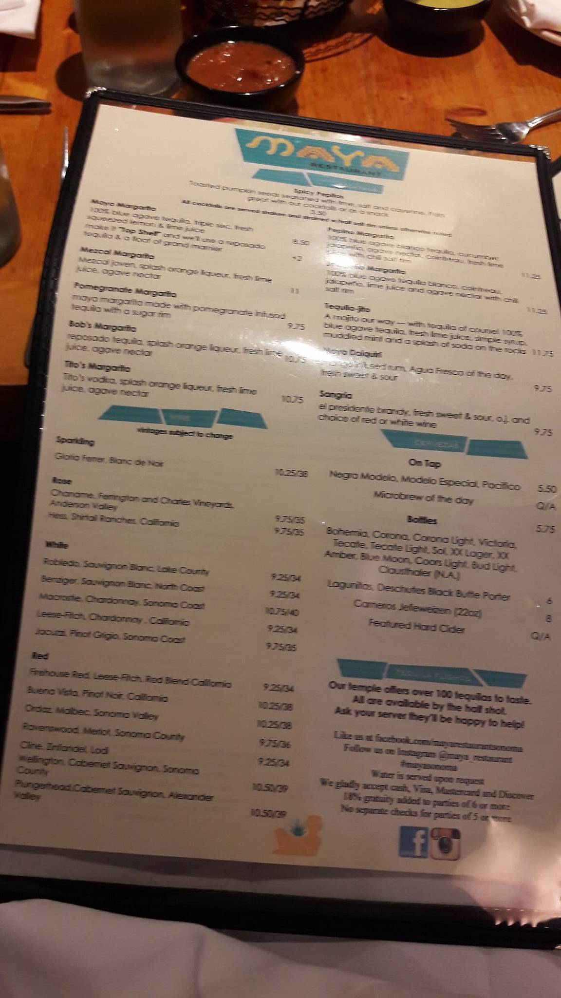 Menu at Maya Restaurant, Sonoma