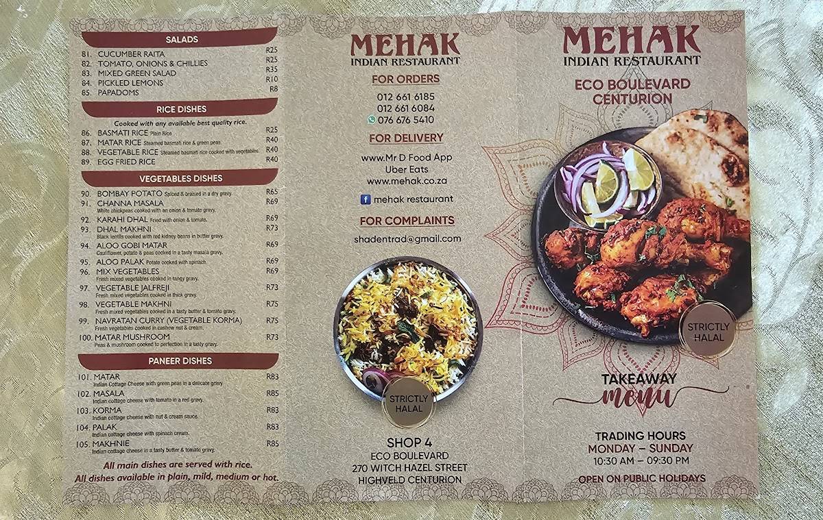 Menu at Mehak Indian Restaurant, Centurion, 270 Witch-Hazel Avenue Eco ...