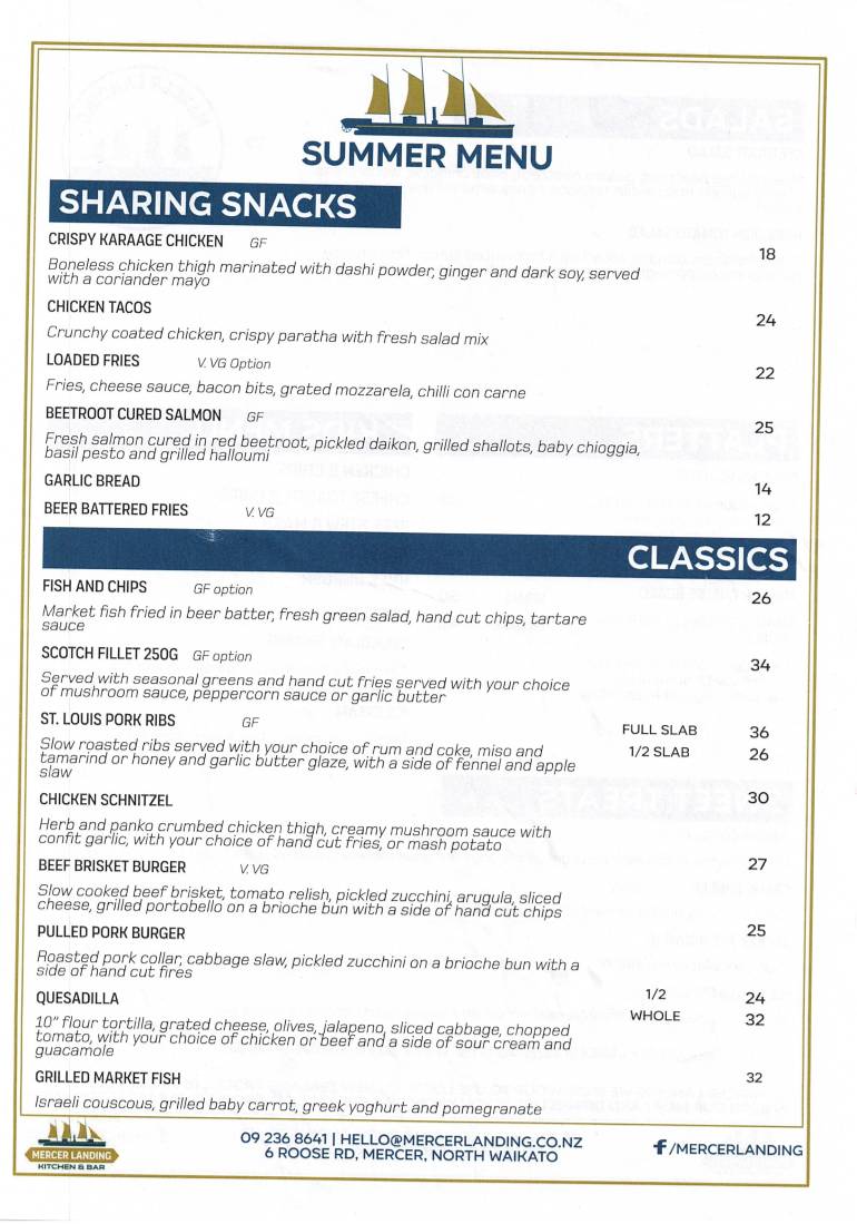 Menu at Mercer Landing Kitchen and Bar, Mercer